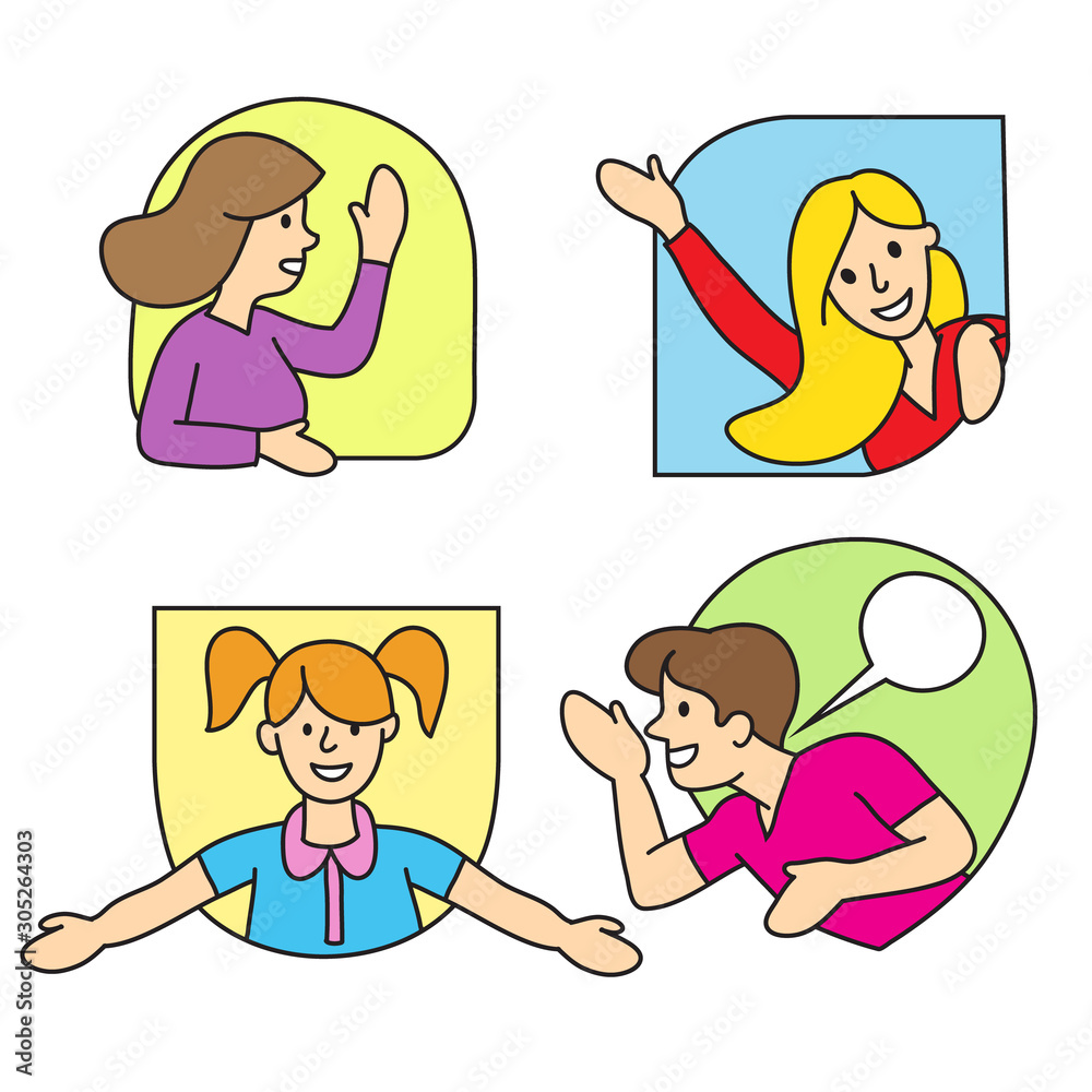 In each window frame, young people, girls and a guy are talking. flat ...