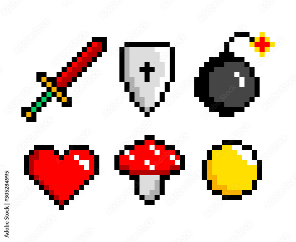 8-bit pixel graphics icon set. sword bomb, heart and gold coin. Game ...