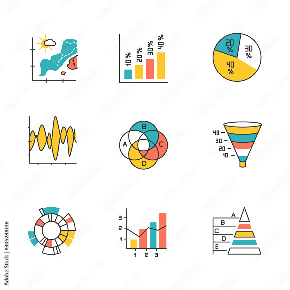 Chart and graph color icons set. Temperature map. Seismic activity ...