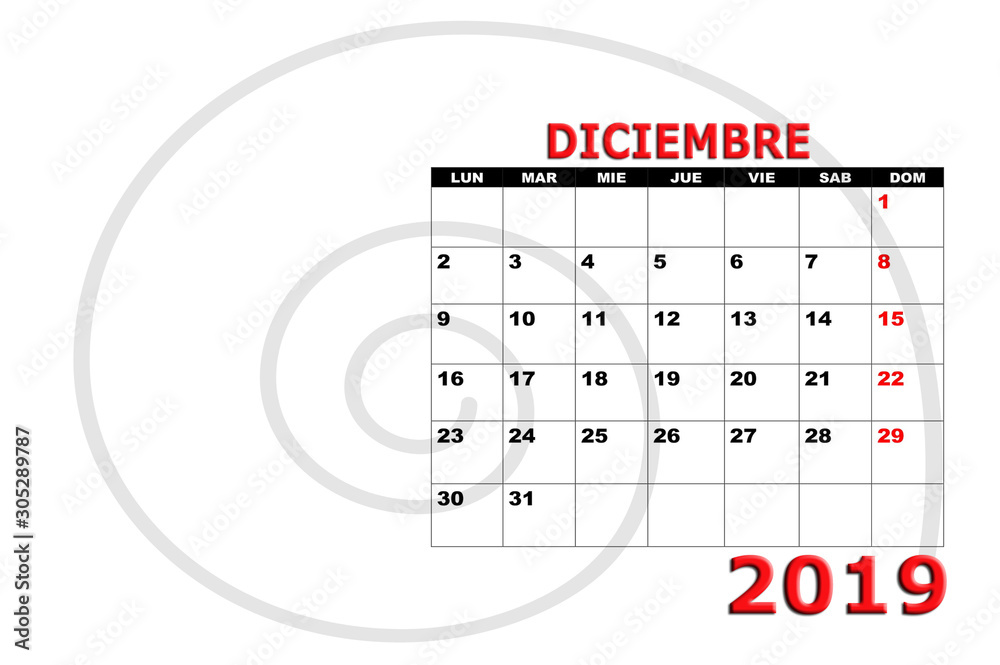 Diciembre, 2019, símbolo, espiral, calendario, aislado, fondo blanco ...