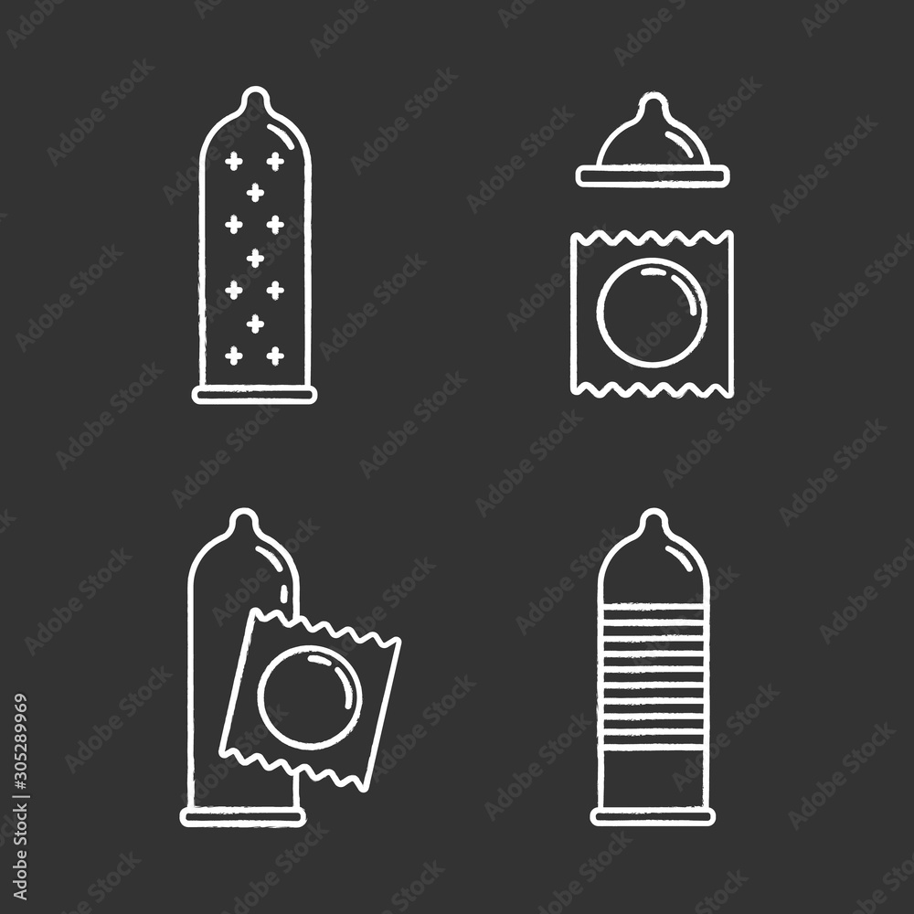 Condom Chalk Icons Set Safe Sex Female Latex Reusable Contraceptive