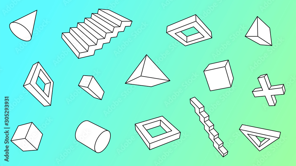 Black and white 3d shapes set. Outline vector design elements. Stock ...