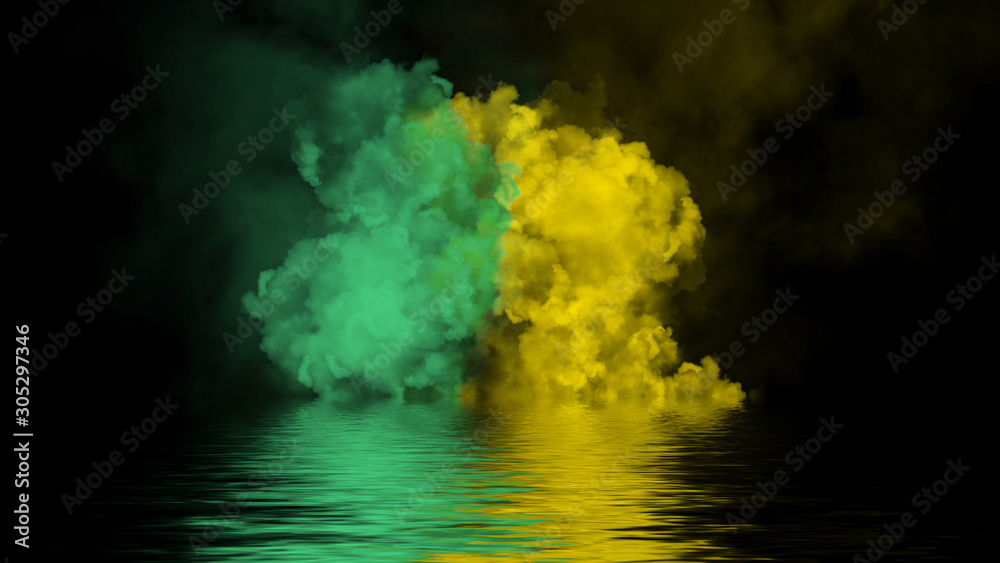 Explosion color green and yellow smoke with water reflection . Isolated ...