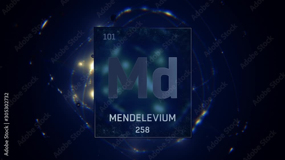Mendelevium as Element 101 of the Periodic Table. Seamlessly looping 3D animation on blue ...
