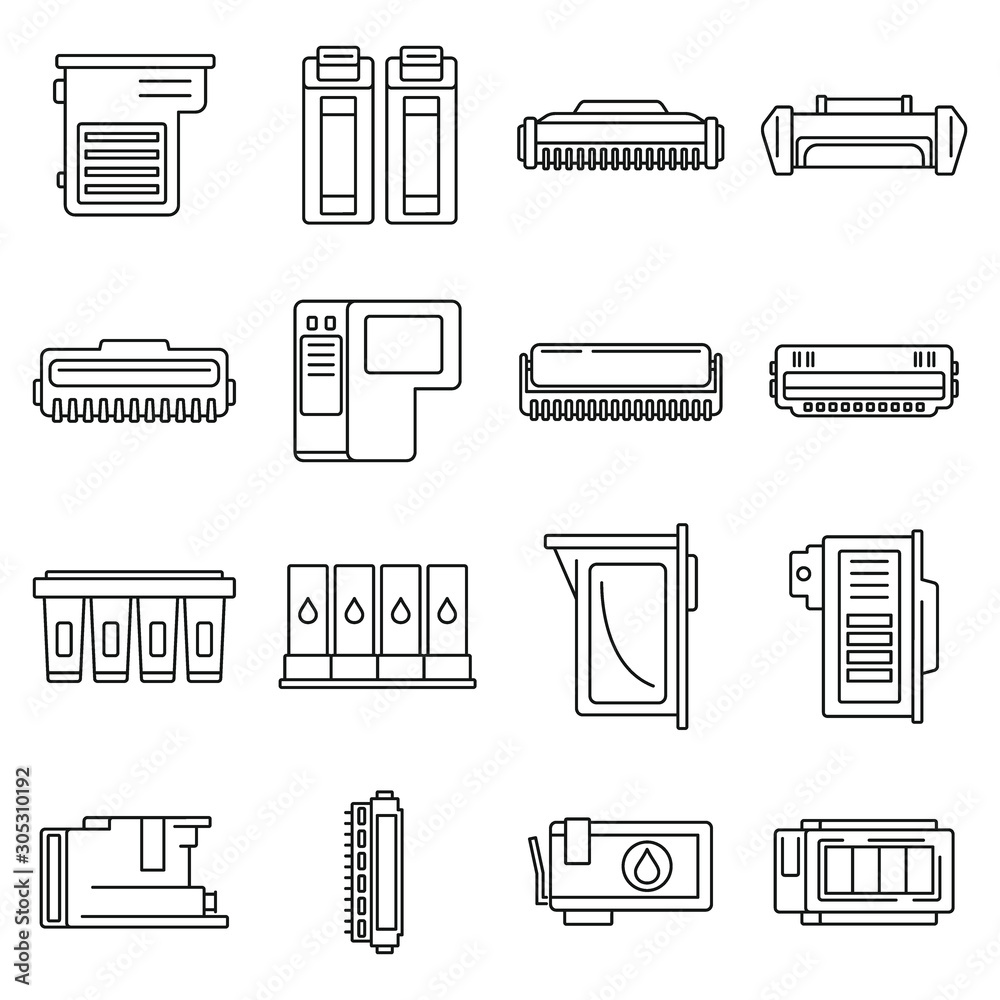 Printer cartridge icons set. Outline set of printer cartridge vector ...