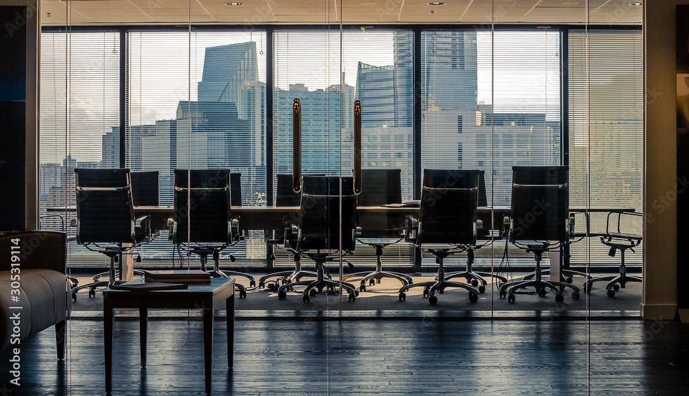 Empty conference room workspace showing cityscape skyline. Stock Photo ...