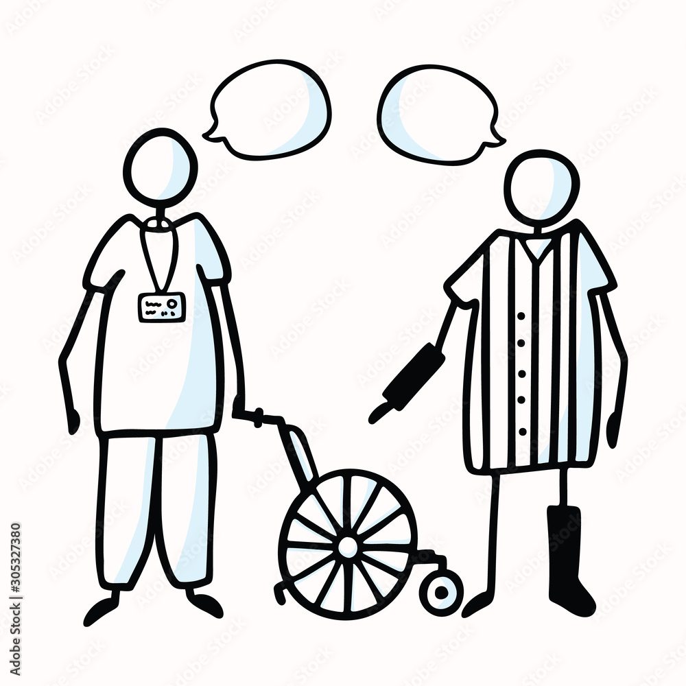 Hand Drawn Stick Figure Orderly & Patient with Broken Leg , Arm in ...