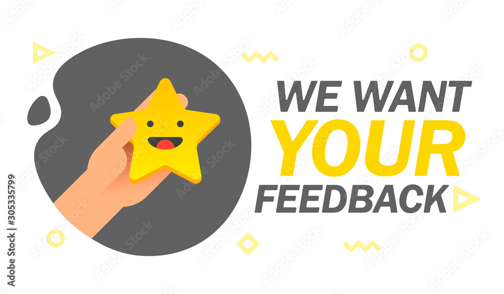 We want your feedback emotion stars scale banner. Consumer Review. Hand ...