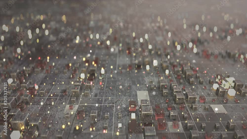 Abstract sci-fi structure of cubes and digital code. Futuristic science fiction or modern ...