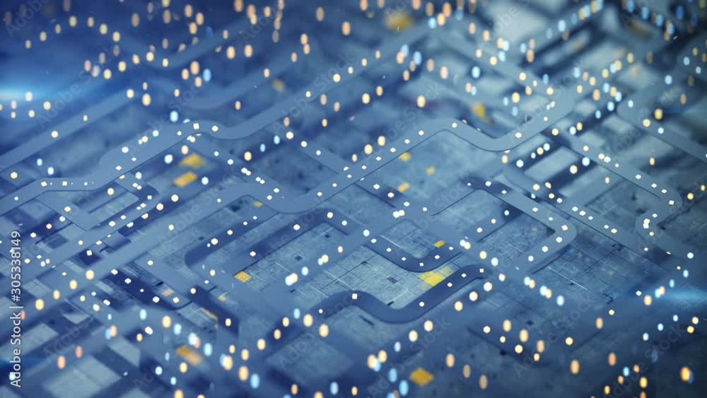 Blue sci-fi technical structure. Abstract futuristic technology design. Seamless loop 3D render ...