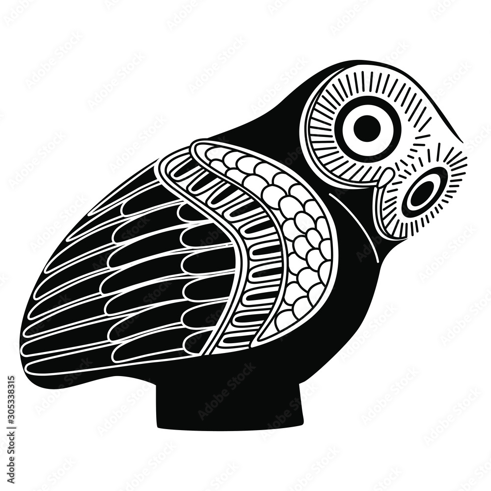 Ancient Greek owl. Black and white silhouette. Sacred bird of goddess ...