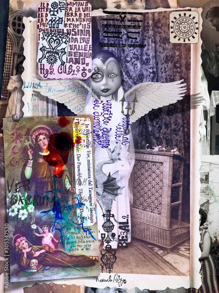 Collage with old macabre photographs. Alchemical, esoteric and ...