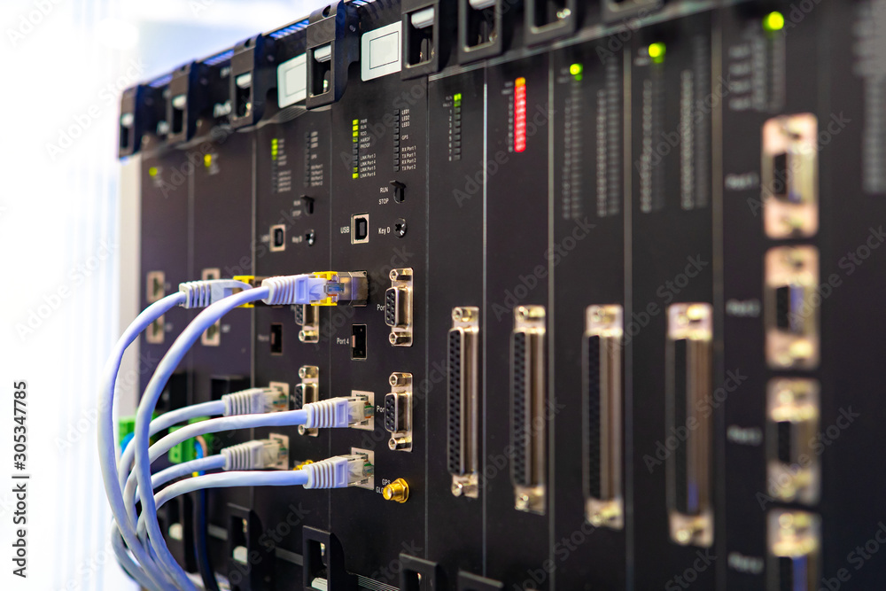 The cables in the connectors. Power source. Computer equipment ...