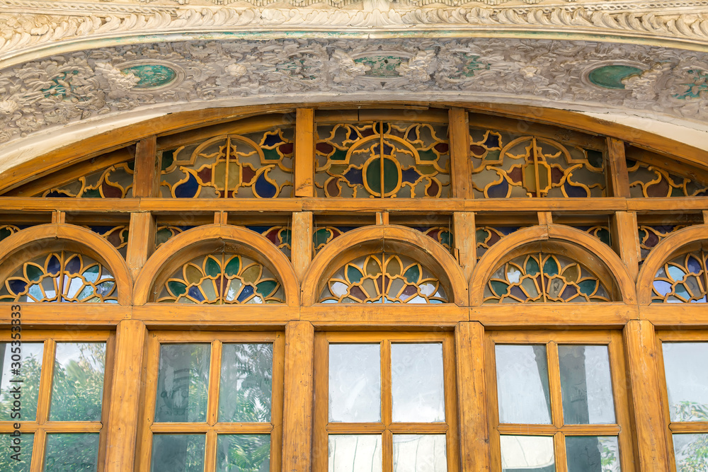 Renovated wooden arch windows, Masoudieh historic mansion from Qajar ...