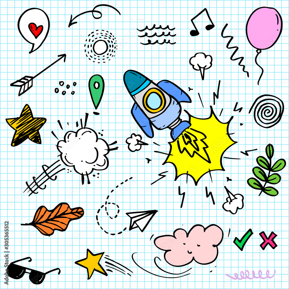 cute hand drawn doodle set with various children things in cartoon ...