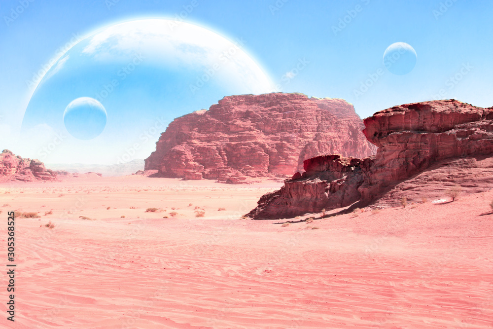 Landscape with sand desert, rock and planets in sky Stock Photo | Adobe ...