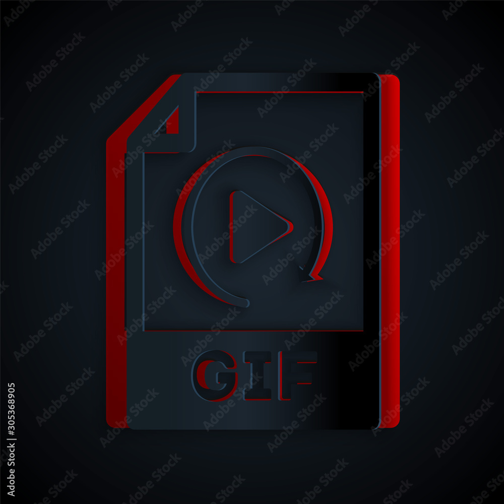 Paper cut GIF file document. Download gif button icon isolated on black ...