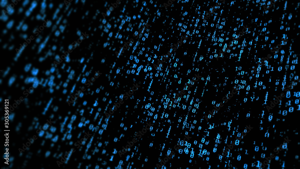3D Rendering of blur binary data background in blue color tone. Depth of field effect applied ...