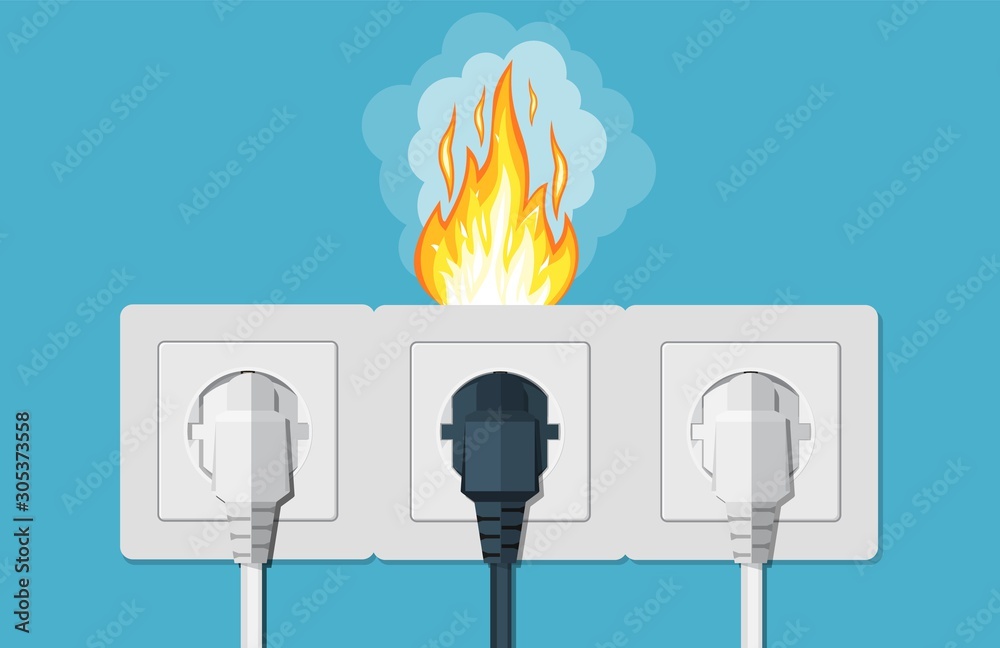 Fire wiring. Socket and plug on fire from overload. Electrical safety ...