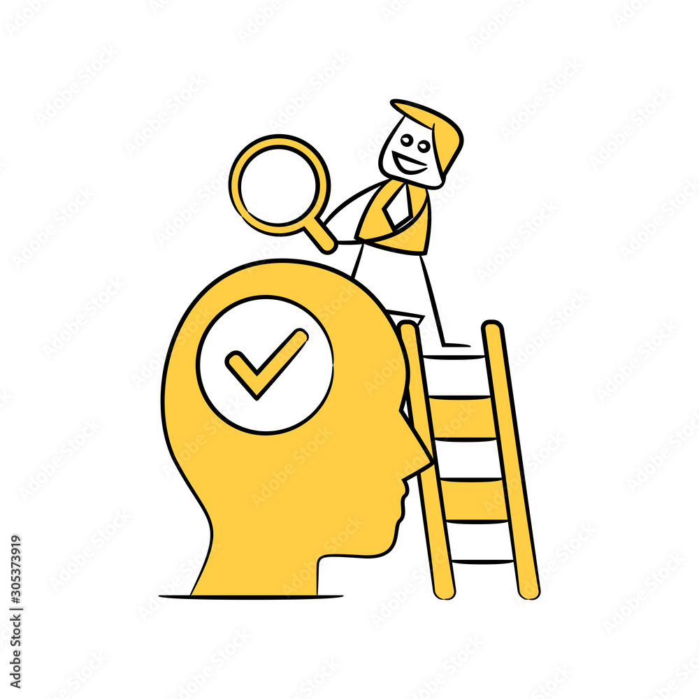businessman using magnifier search check mark in human head yellow ...