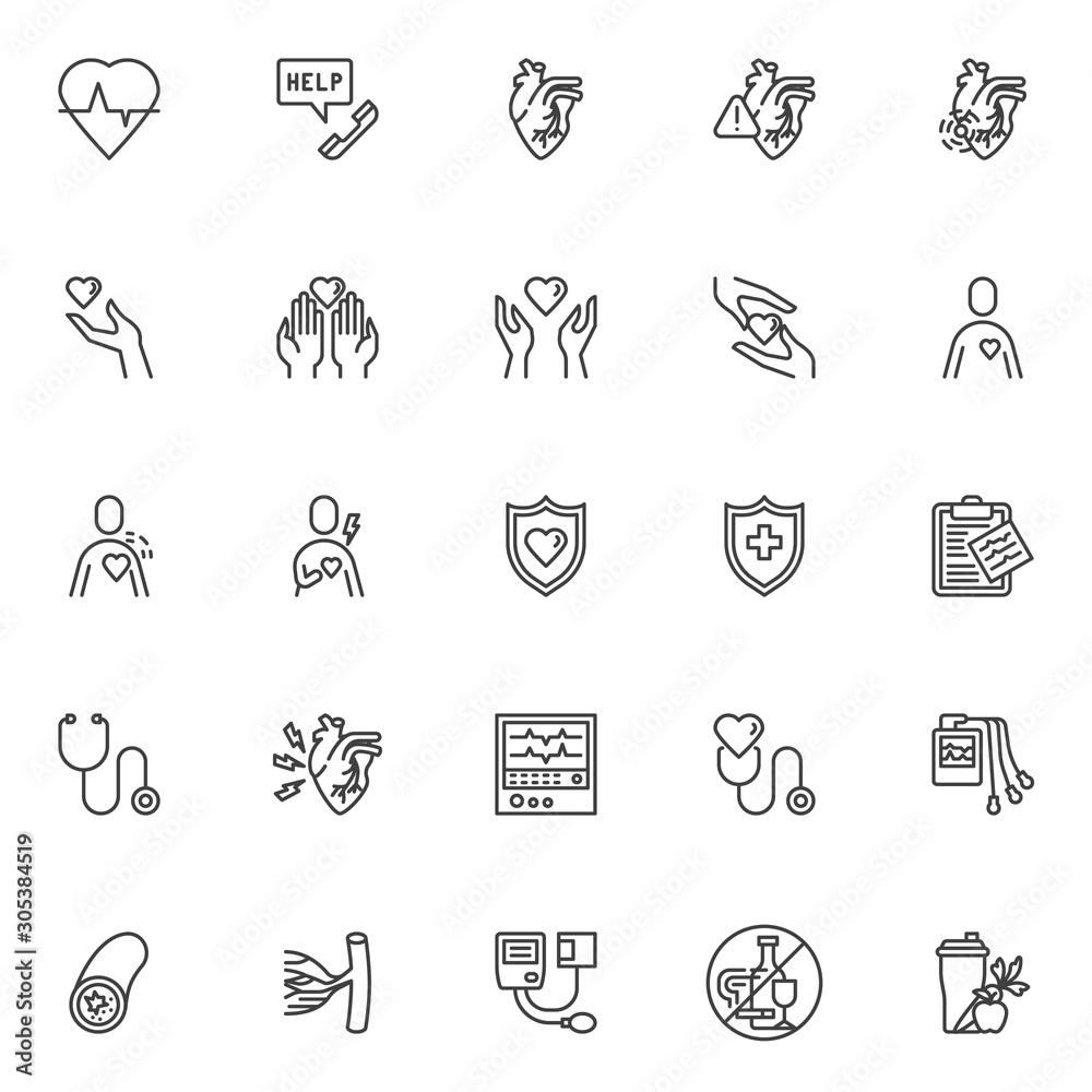 Heart health care line icons set. linear style symbols collection ...