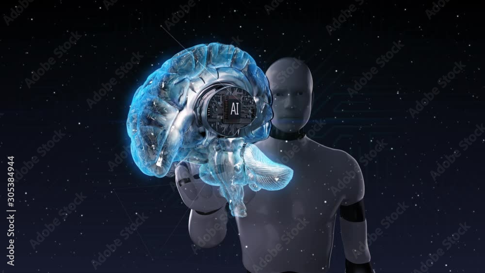 The robot touching brain, The AI CPU appears in the digital brain ...