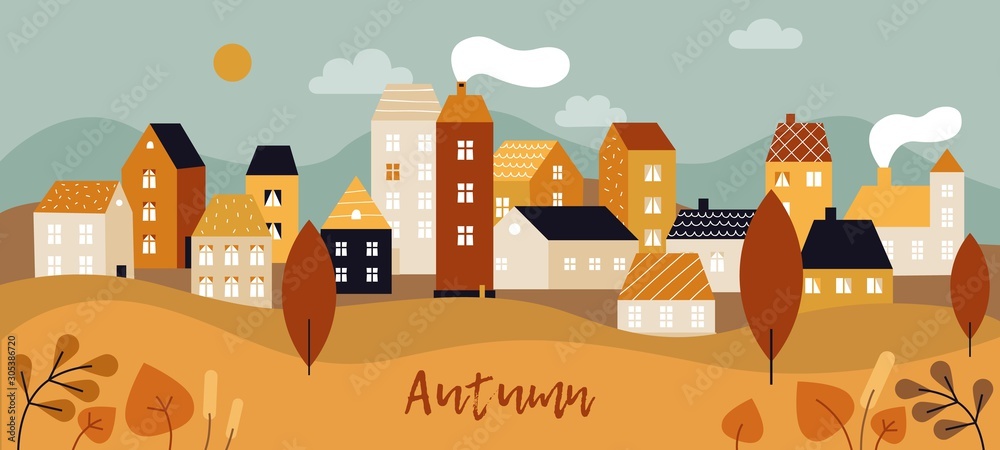 Autumn city landscape. Fall season panorama with simple cute houses and ...