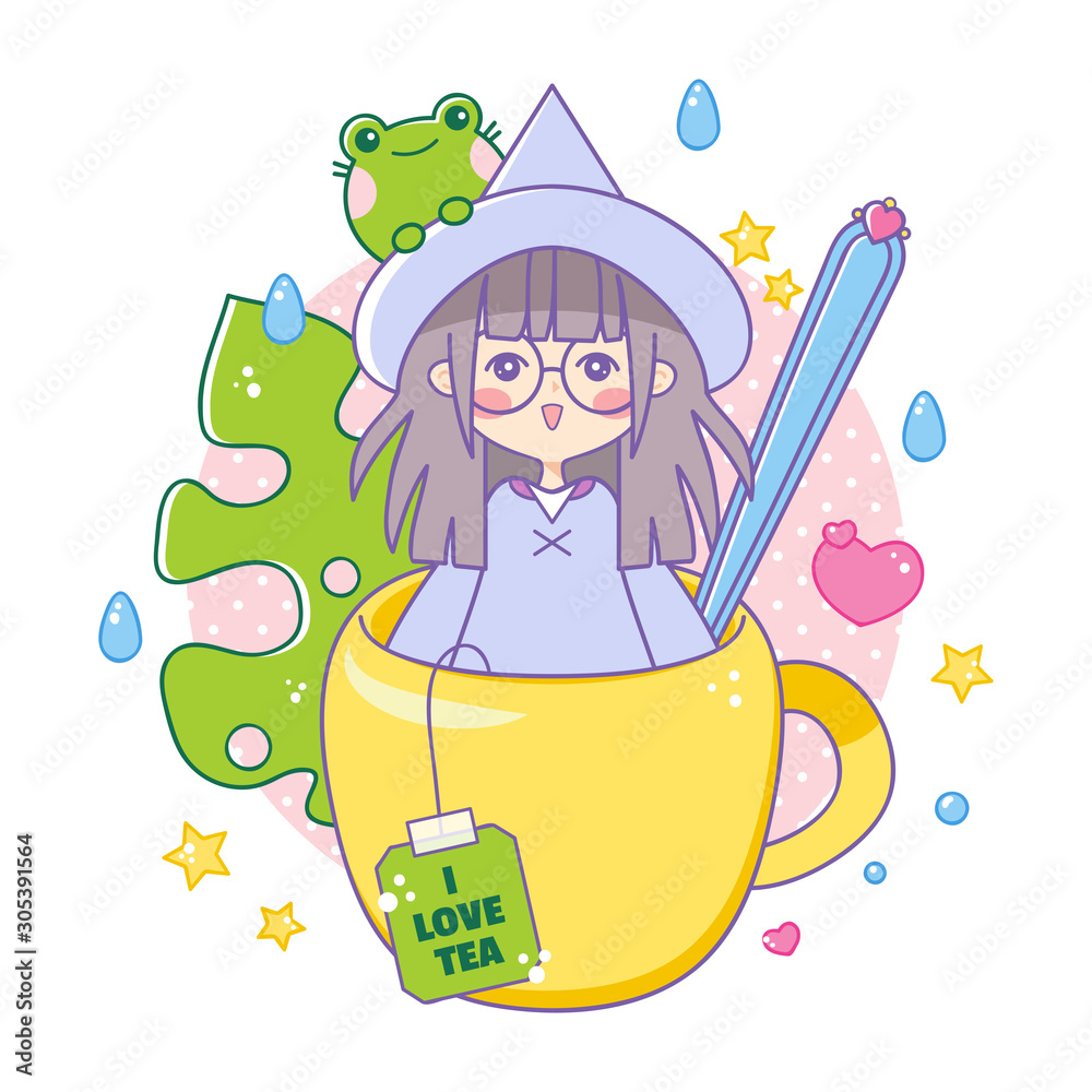 Vector cartoon illustration, kawaii manga, anime style. Cute witch in ...