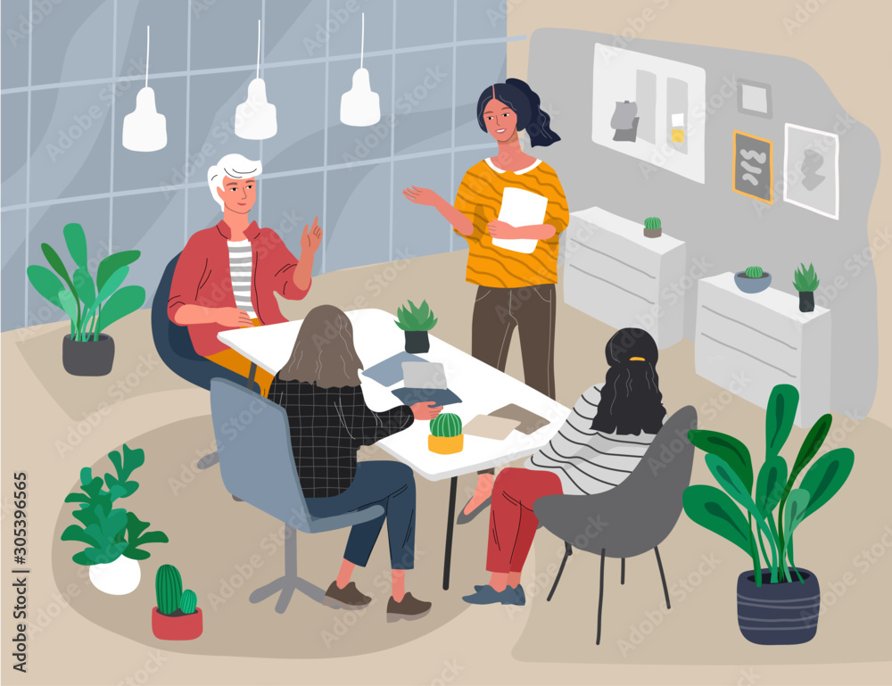 Office or coworking interior workers sitting at desks and communicating ...