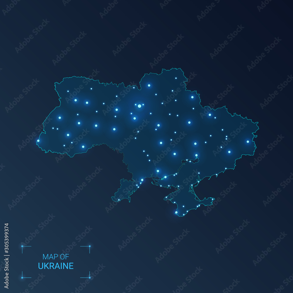 Ukraine map with cities. Luminous dots - neon lights on dark background ...