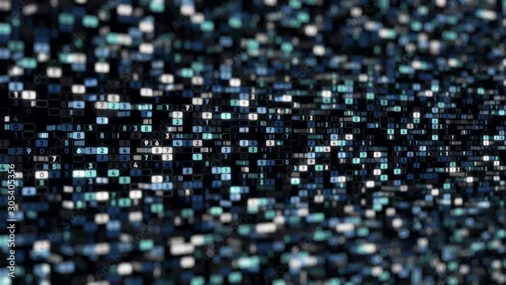 Abstract display with endless rows of cells with numbers that changing ...