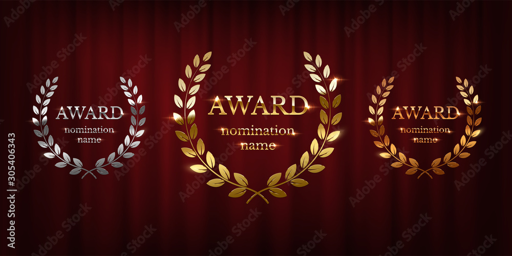 Golden, silver and bronze award signs with laurel wreath isolated on ...