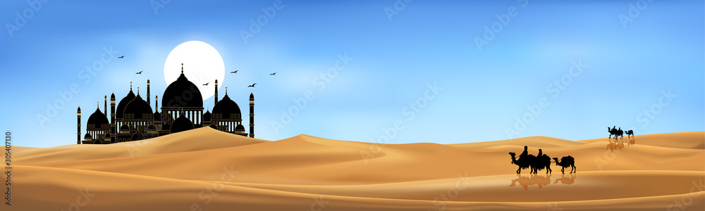 Vector illustration group of Arab people with camels caravan riding in ...
