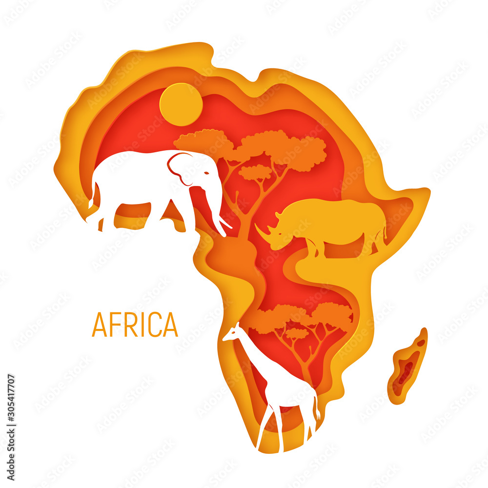 Africa. Decorative 3d paper cut map of Africa continent with wild ...