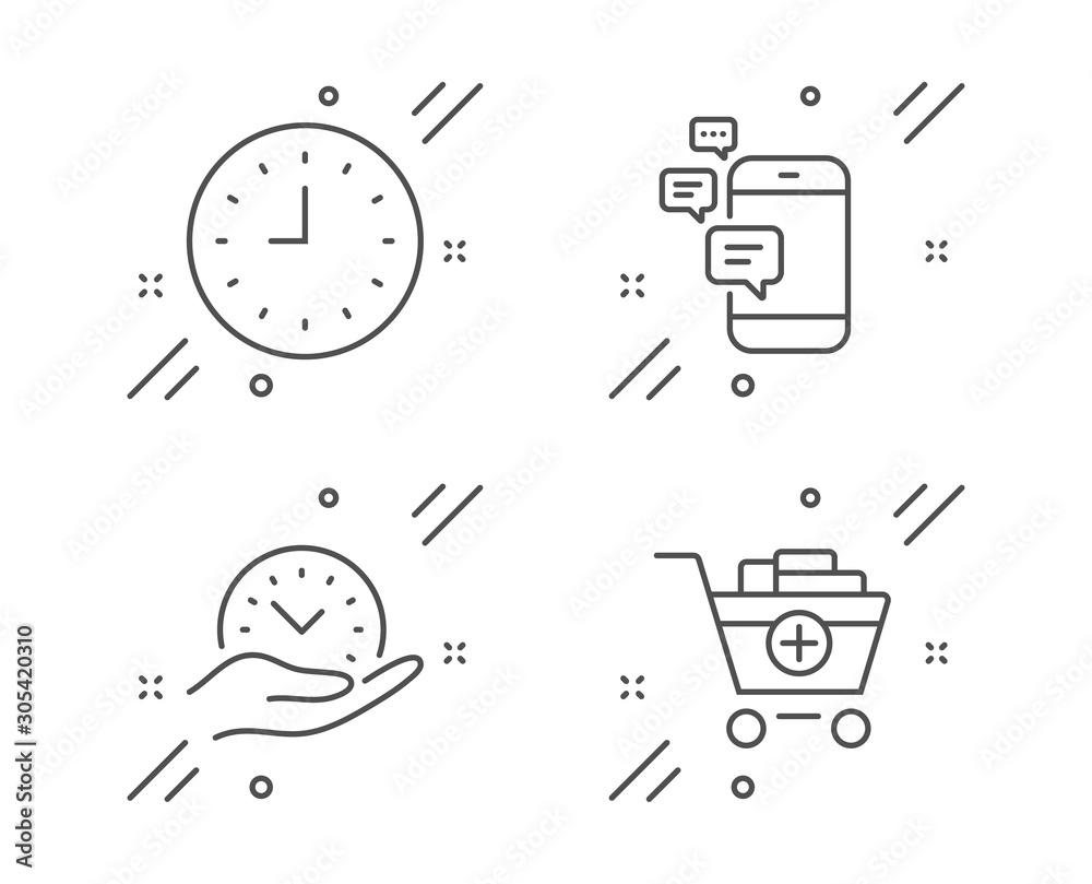 Communication, Clock and Safe time line icons set. Add products sign ...