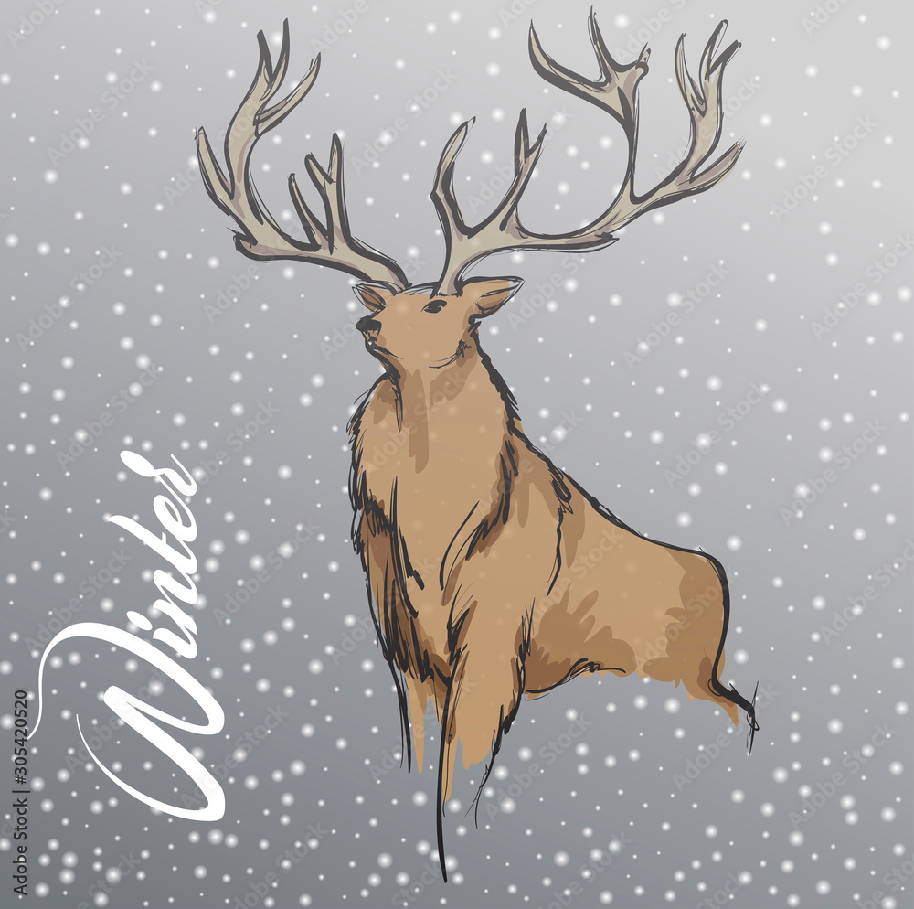 Deer on the background of falling snow, hand drawn, sketch. Deer or elk ...