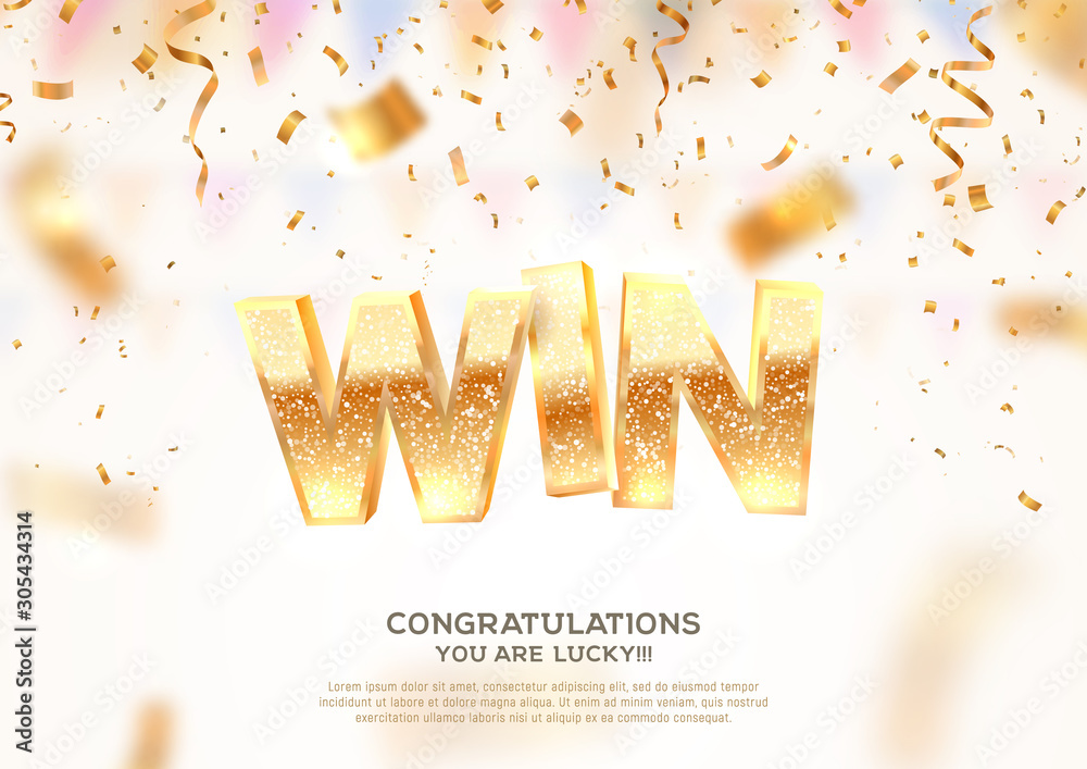 Celebration of win on falling down confetti background. Winning vector ...