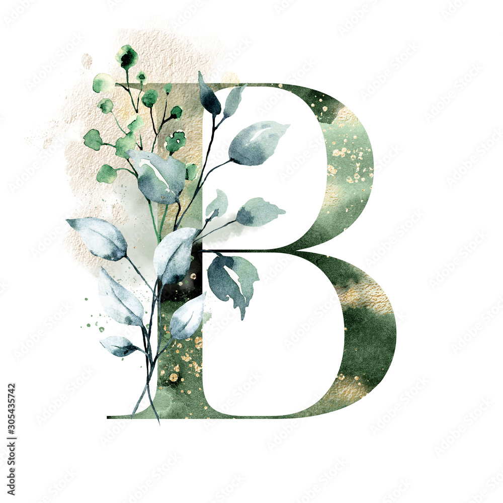 Floral alphabet, letter B with watercolor flowers, leaf and gold ...