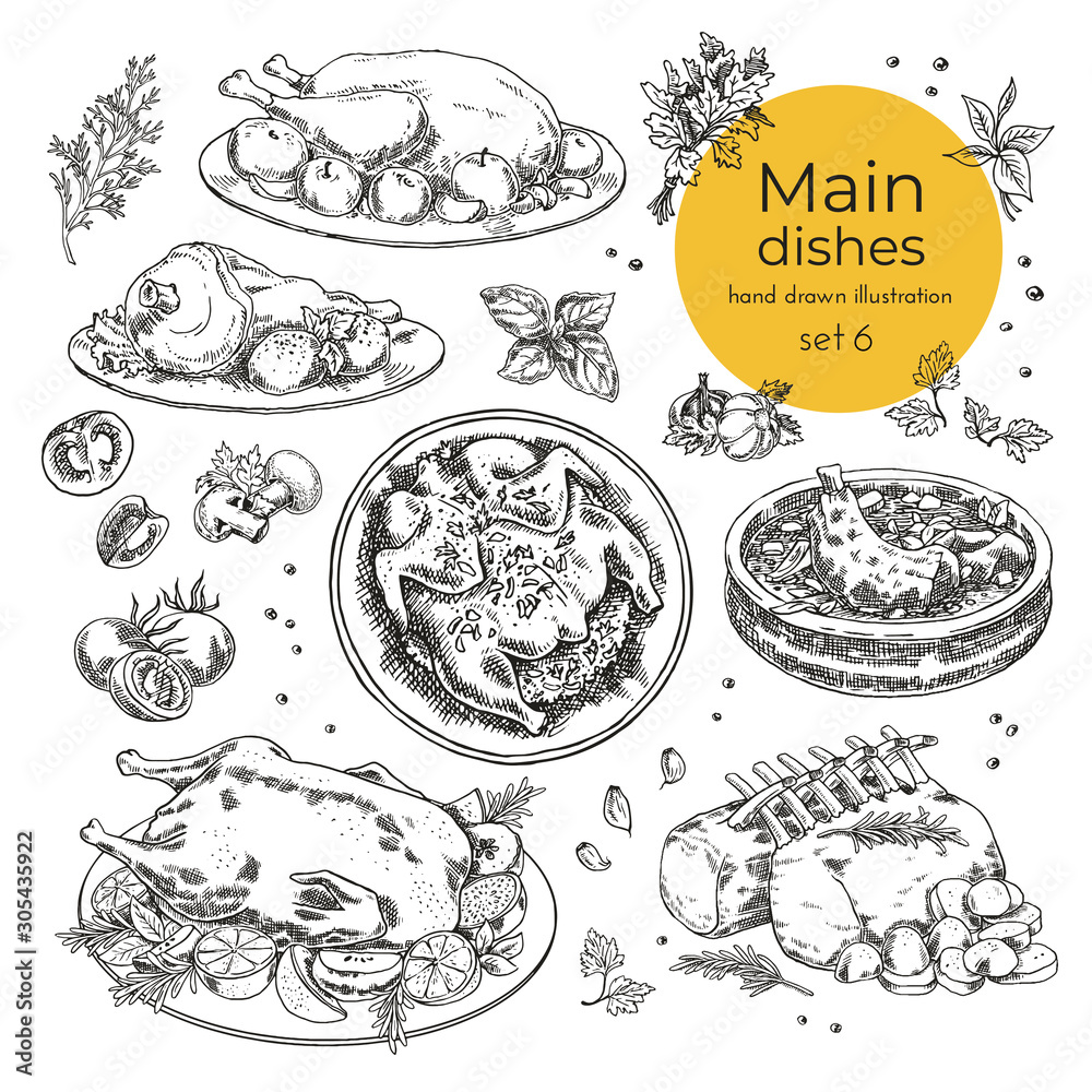 set of illustrations with main dishes for menu design. meat dishes ...