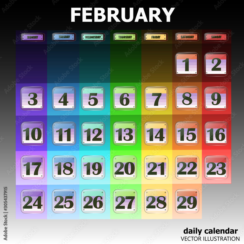 Colorful calendar for February 2020 in english. Set of buttons with ...