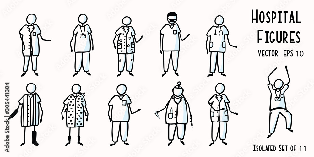 Hand Drawn Stick Figure Nurses, Doctor, Surgeon, Technician, Physio ...