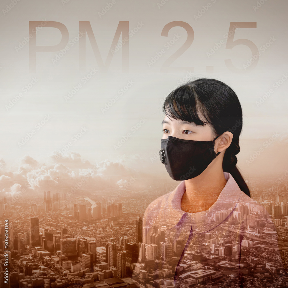 Square image of Asian girl wear N95 mask to protect PM 2.5 dust and air ...