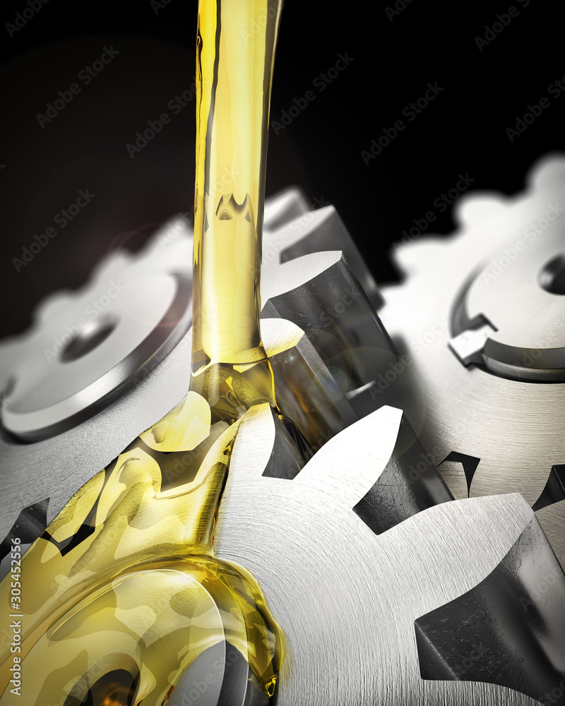 Lubricant. Gears drenched in oil on a black background. 3d illustration ...