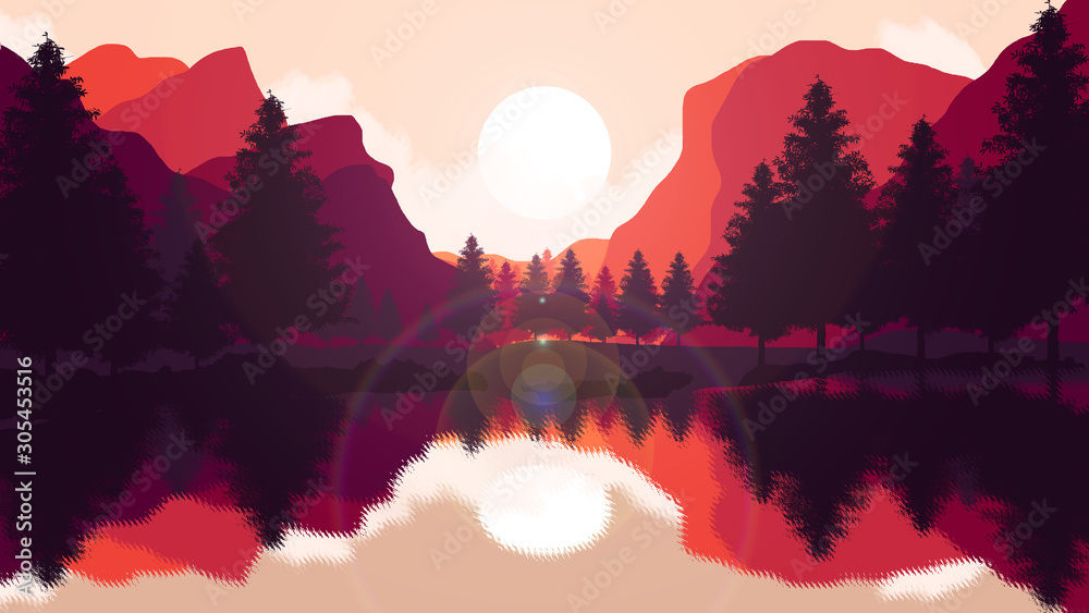Beautiful landscape Background 2D illustration. Monochromatic Landscape ...