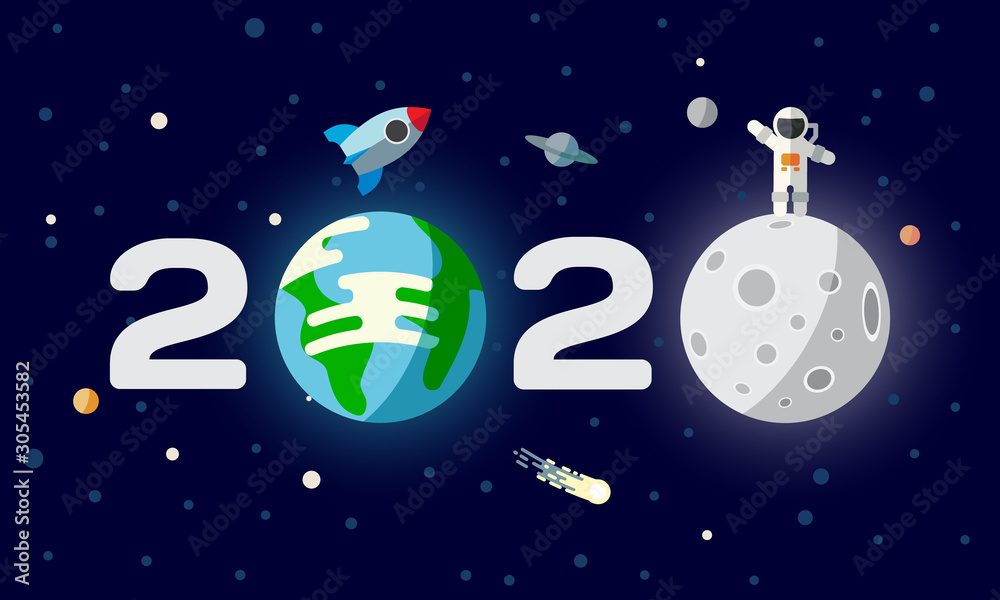 2020 text design with an astronaut on the moon and rocket. Happy New ...