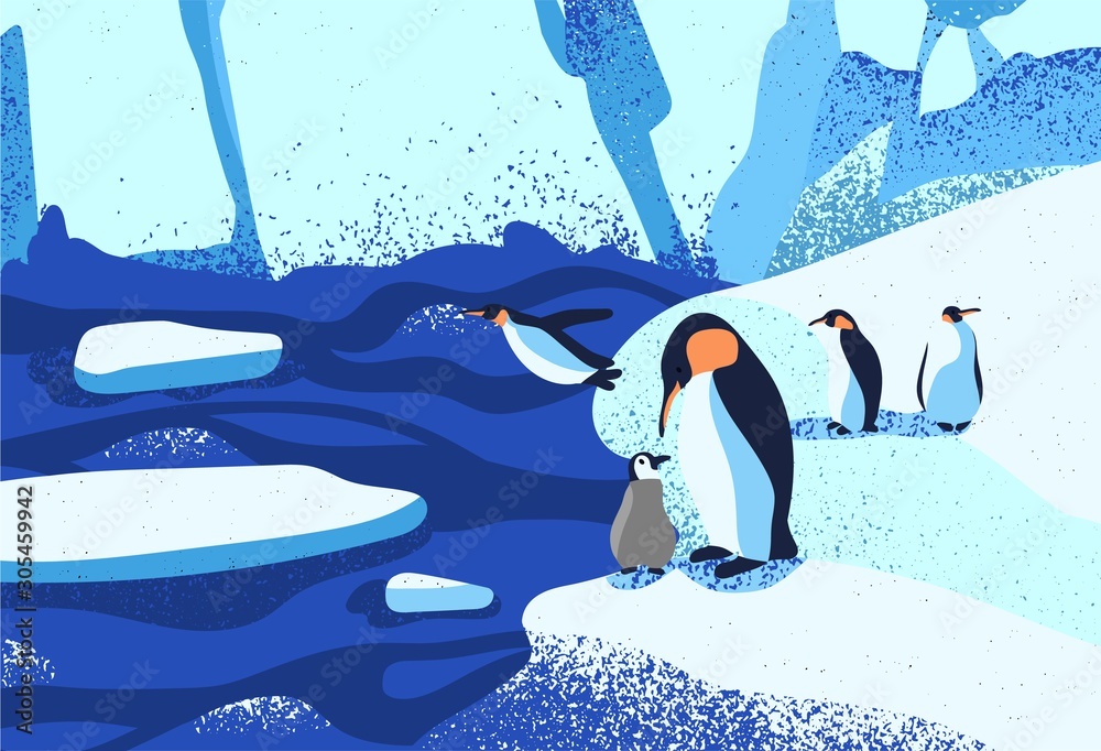 Arctic ice landscape flat vector illustration. Penguins family standing ...
