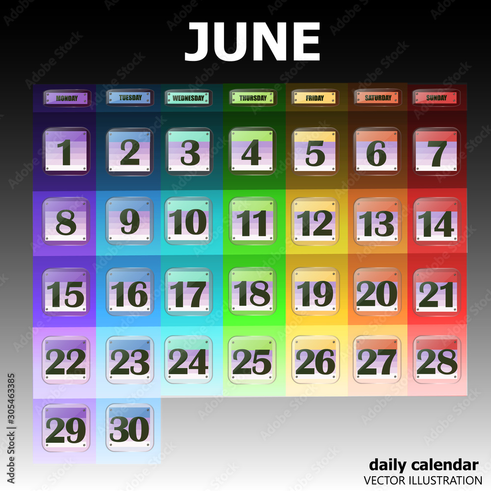 Colorful calendar for June 2020 in english. Set of buttons with ...