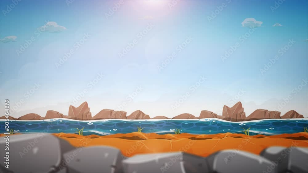 Cartoon River Landscape Background Loop/ 4k animation of a summer ...