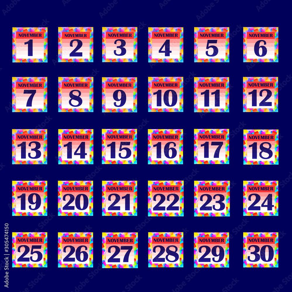 Set of buttons with calendar dates for the month of November. For ...