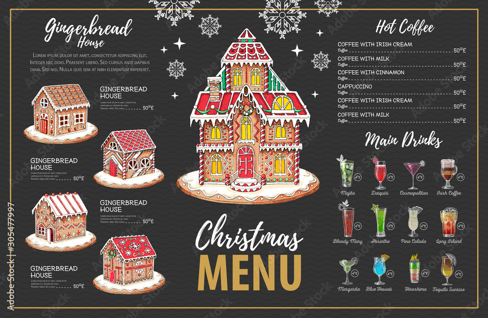 Christmas menu design with sweet gingerbread house and christmas ...